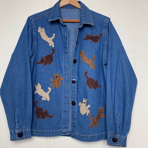 Jackets & Coats | Vintage Denim Cat Appliqud Shirt Jacket | Poshmark